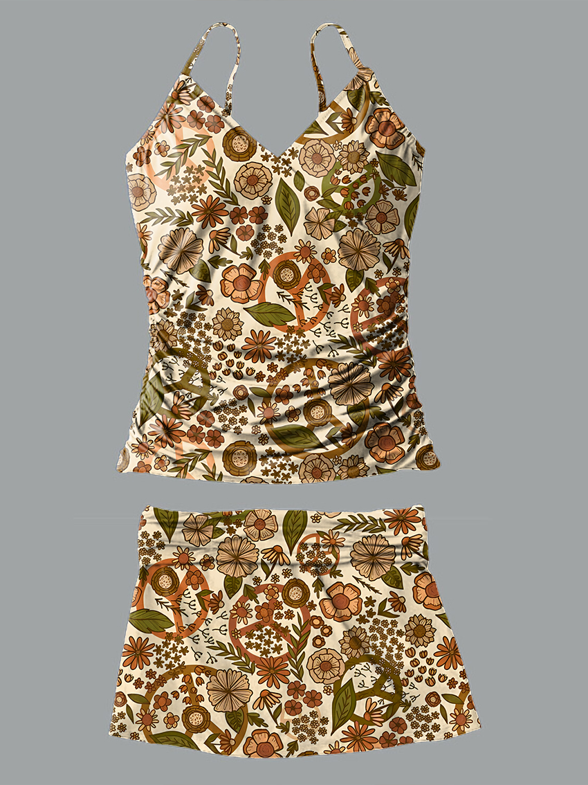 V-Neck Retro Hippie Peace Flower Print Suspender Skirt Tankini ...