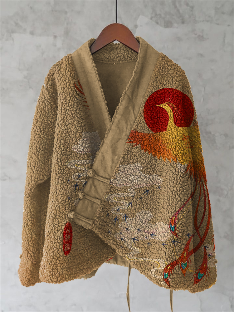 Japanese Style Flying Phoenix Art Pattern Plush Kimono Cardigan