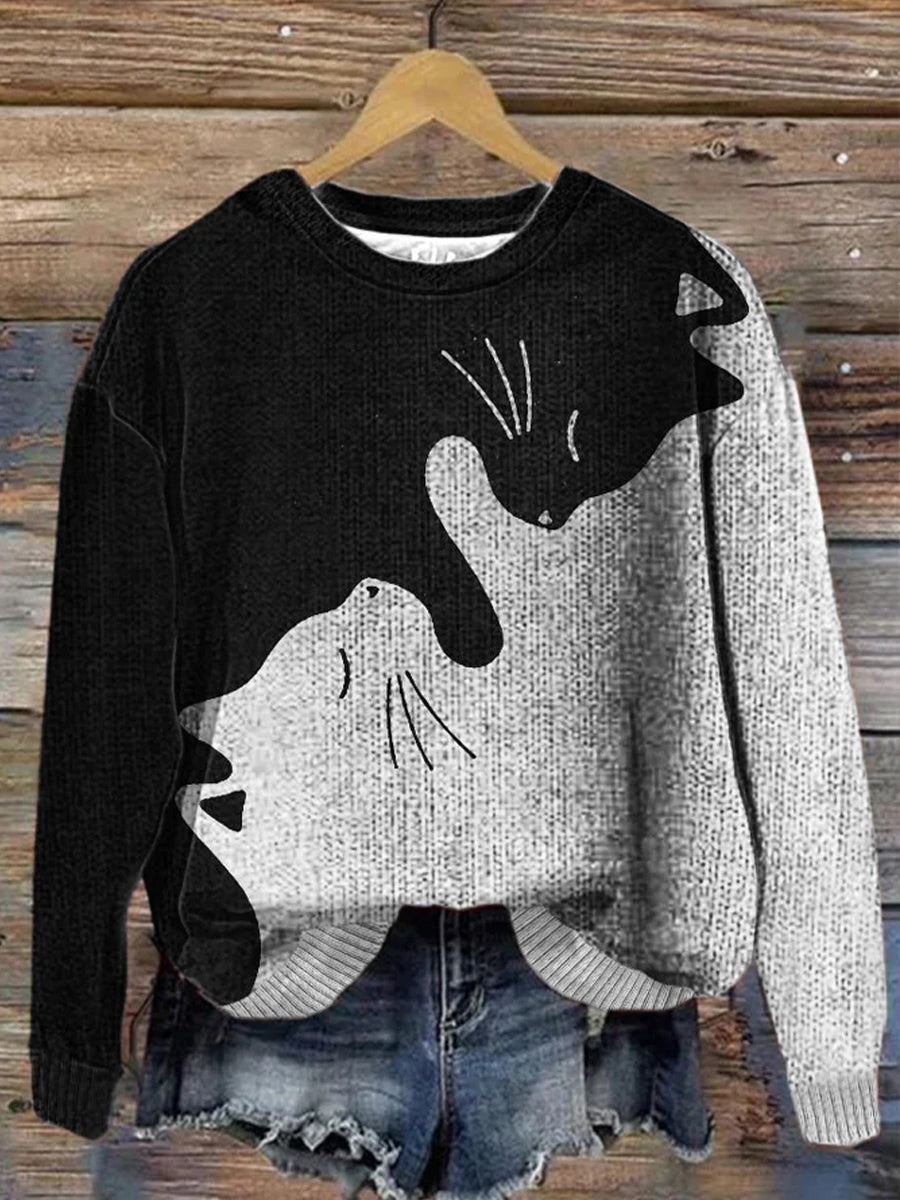 Women's Black And Gray Gossip Cat Print Sweatshirt