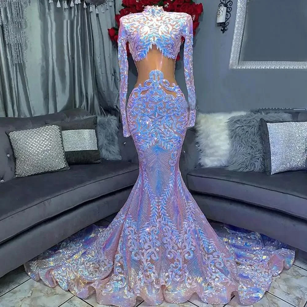 Long Sleeves High Neck Mermaid Prom Dress With Sequins Lace Ballbellas