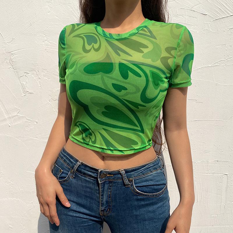 HEART PRINT MESH CROP TOP