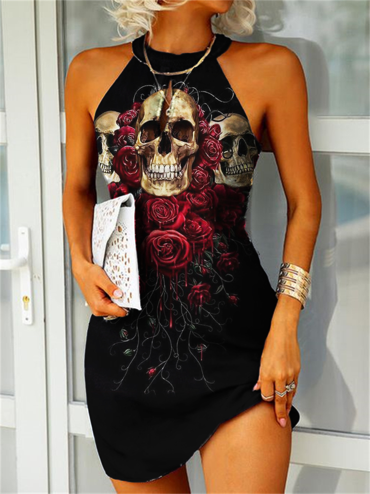 Skulls on Bleeding Roses Slim Fit Mini Dress