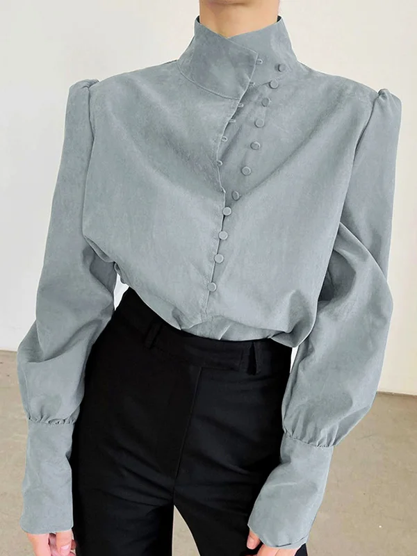 Elegant Long Sleeves Solid Color Split-Joint High-Neck Blouse