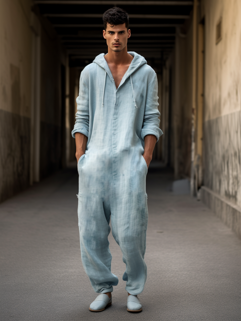 Light blue Hood Linen Long Jumpsuit