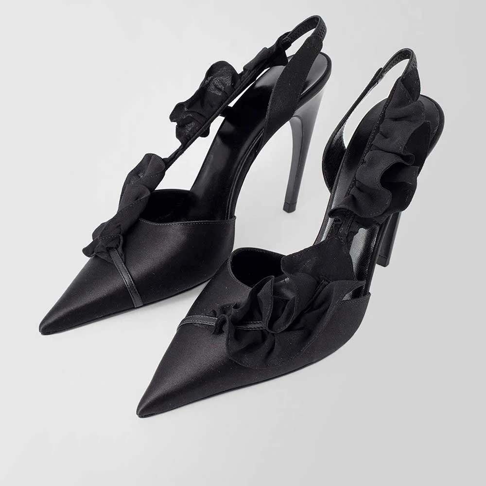 Black Satin Pointed Toe Ruffled Slingback Strappy Pumps With Stiletto Heels