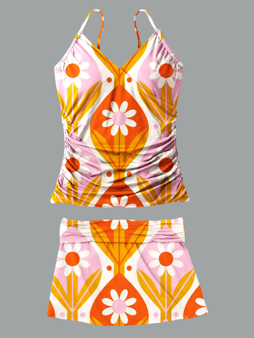 V-Neck Retro Hippie Floral Print Suspender Skirt Tankini Pantskirt Set ...