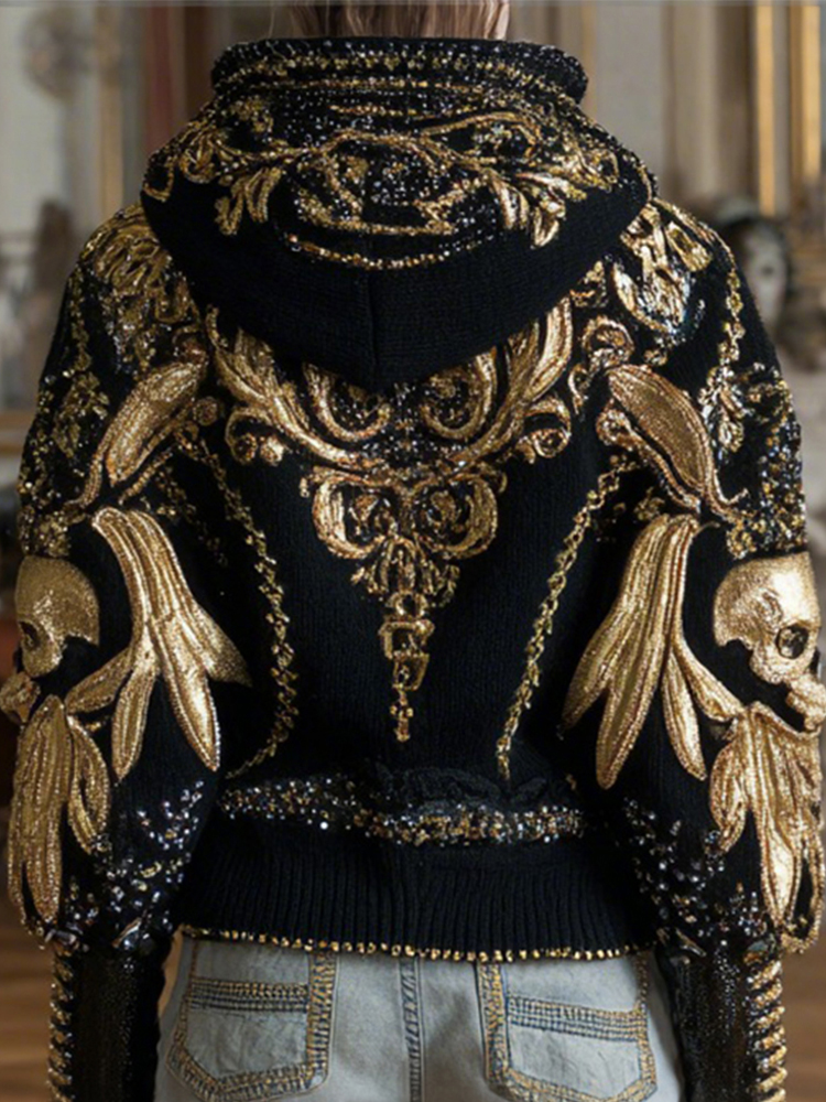 Women's Halloween Baroque Skull Pattern Knit Zipper Sweater