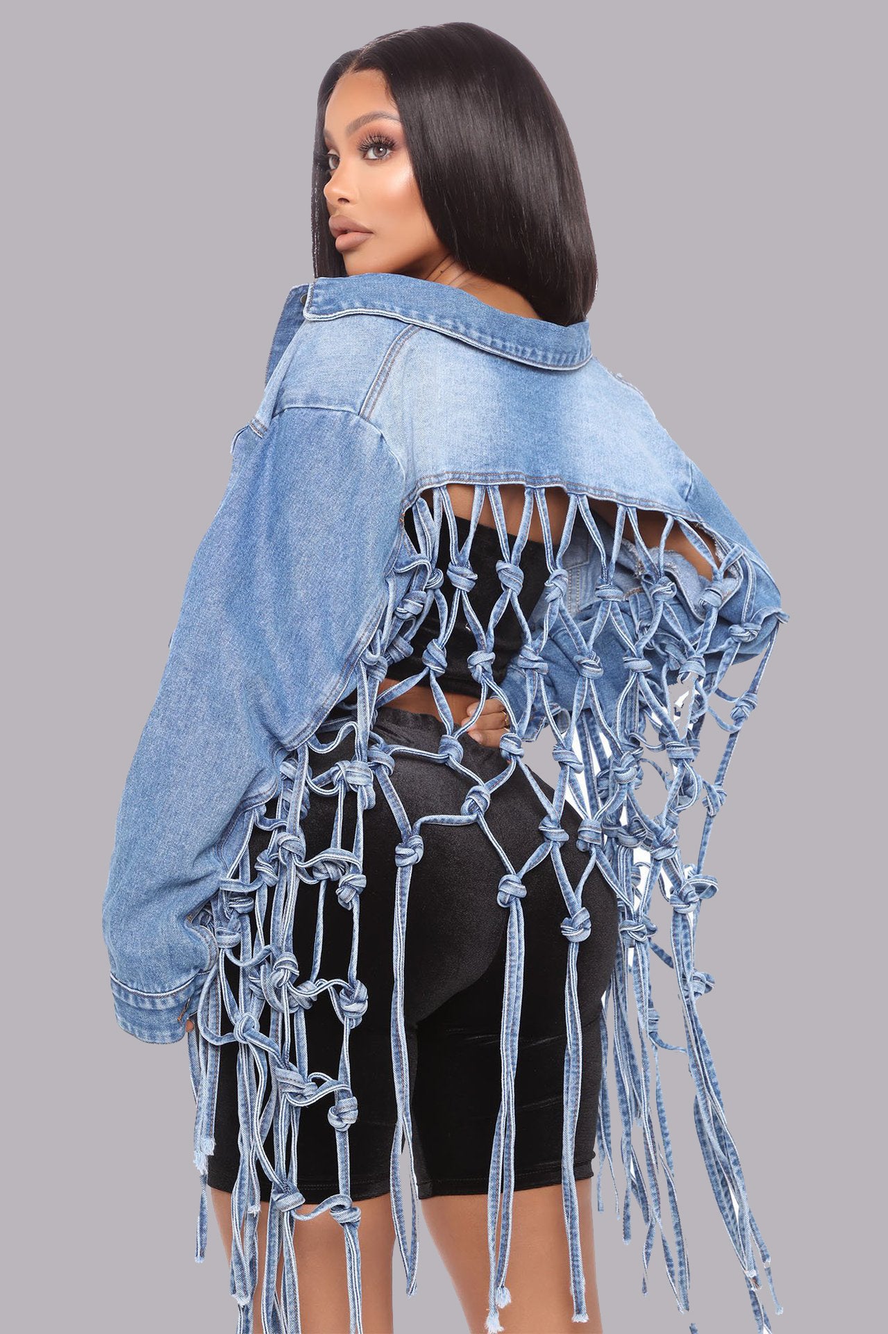 Back Knotted Fringe Denim Jacket Long Sleeve Coat