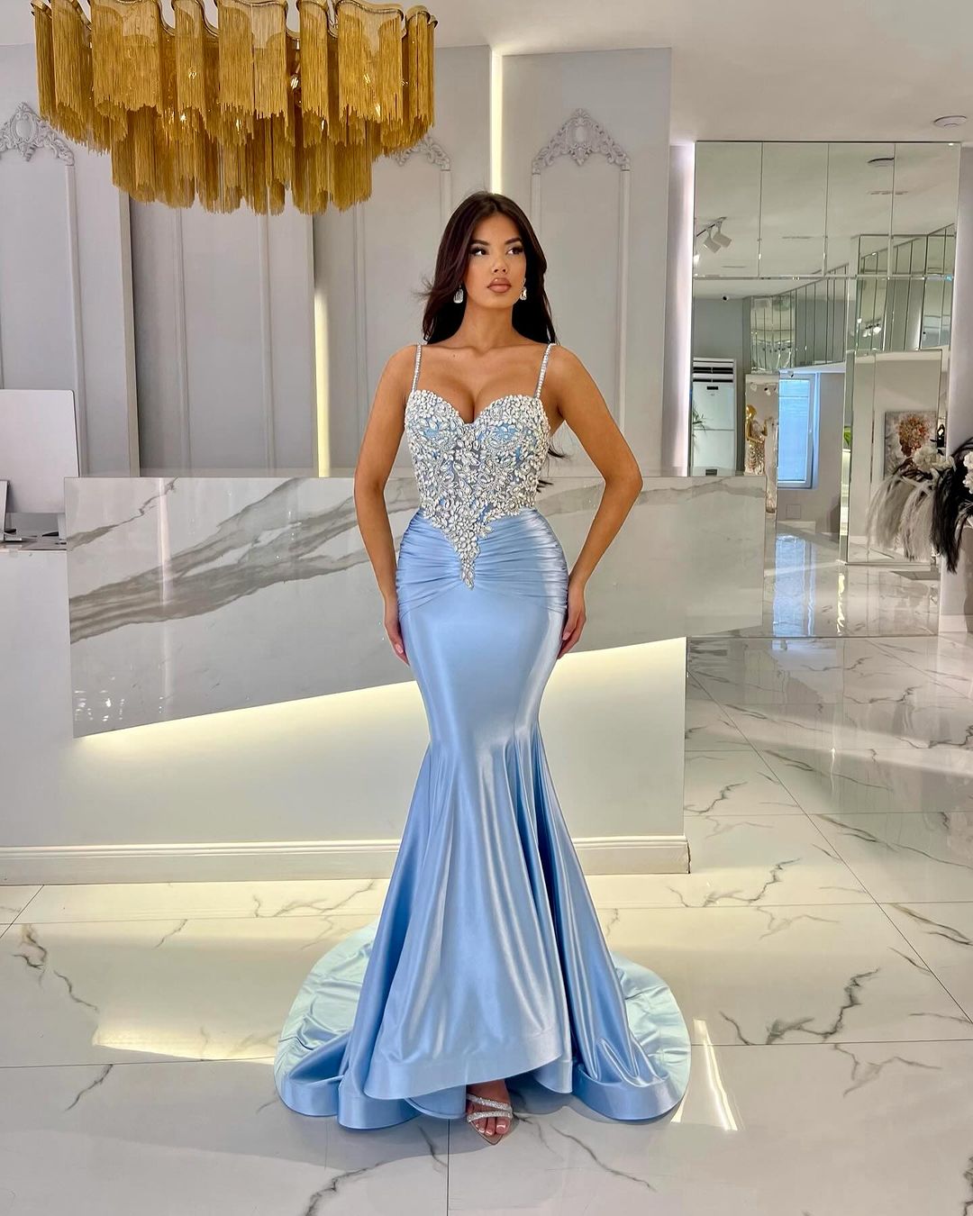 Daisda Glamorous Spaghetti Strap Sleeveless Mermaid Prom Dress with Rhinstone