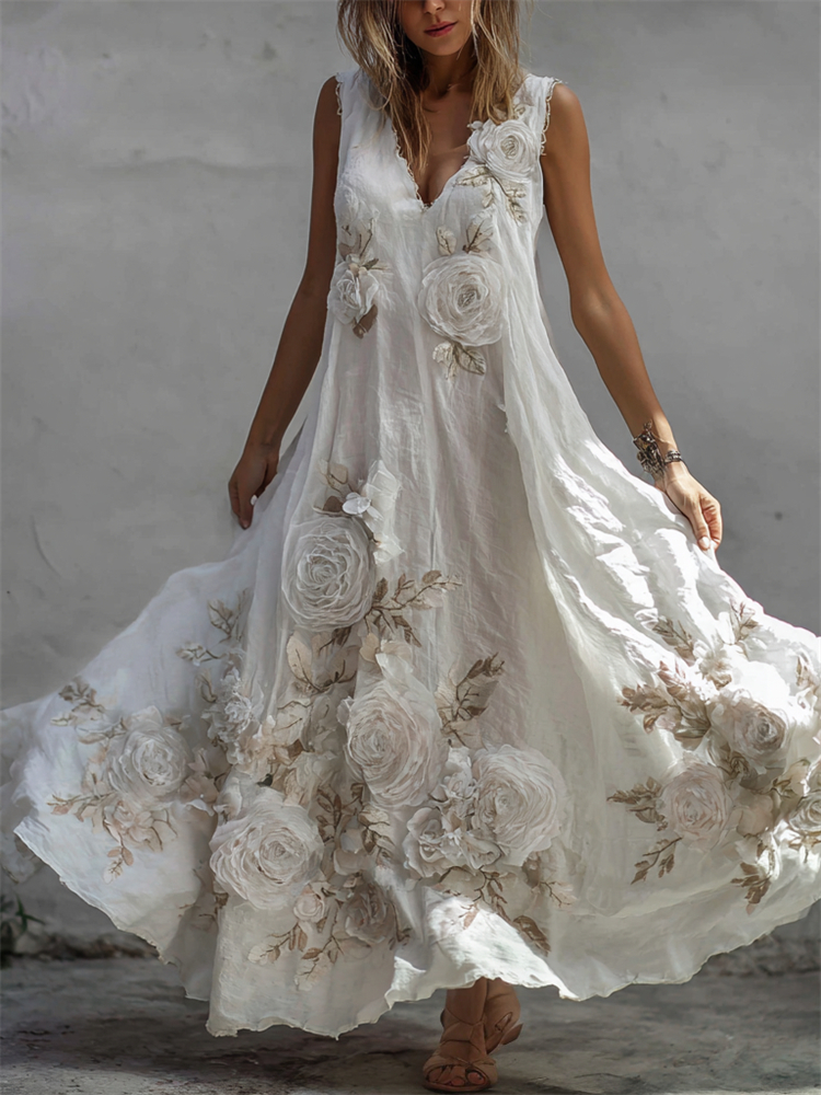Vintage White Roses Fiber Art Flowy Linen Maxi Dress