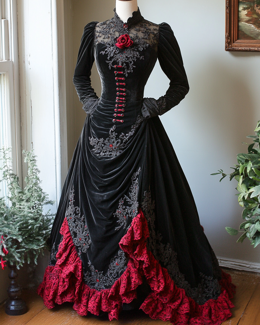 Women's Gothic Themed Contrast-Color Embroidered Lace Patchwork ...