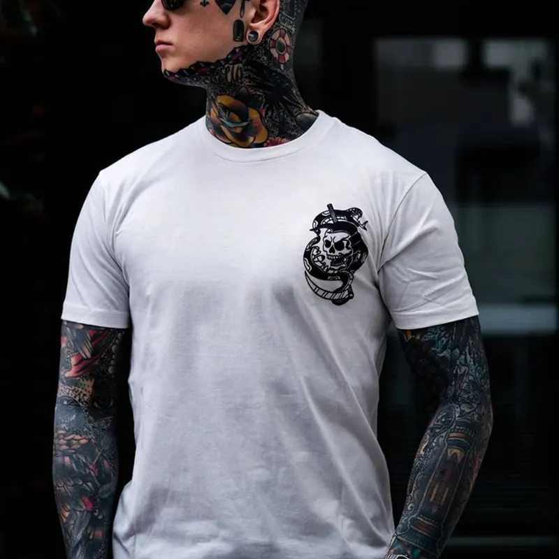 MOTOSUNNY DEATHBED Skull Fighting with Snake Graphic White Print T-shirt