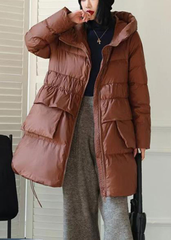 DIY Brown Hooded Patchwork Ruffled Duck Down Puffer Coat Winter