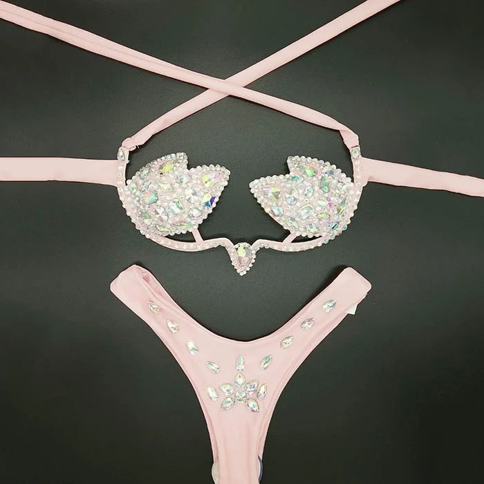 Uveng Big Gems Rhinestones Bikini Set Women Halter Bra Sexy High Cut