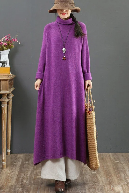 Plus Size-Winter Wool High Collar Long Sleeve Dress