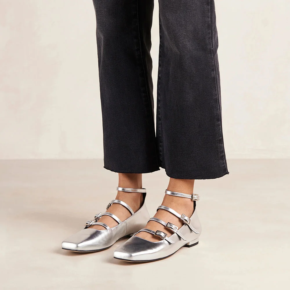Metallic Silver Square Toe Strappy Flats Buckled Mary Jane Shoes