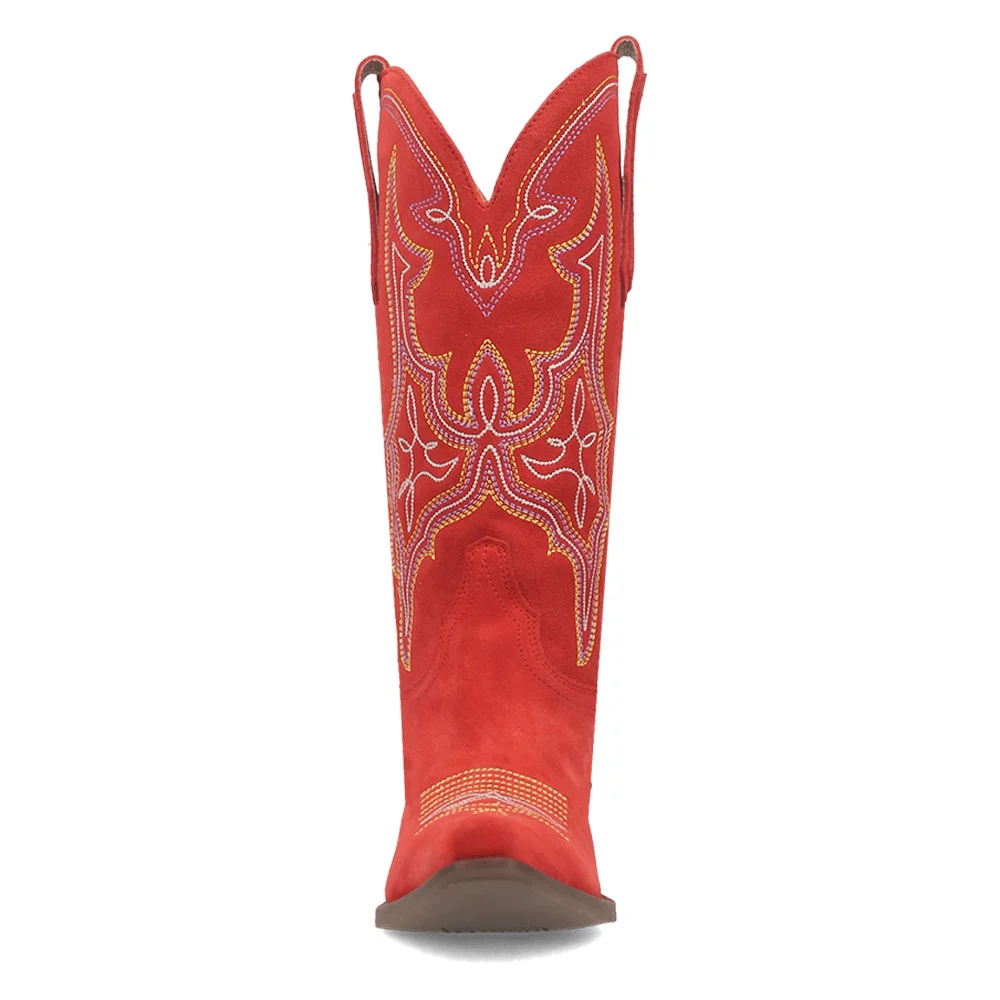 Red Pointed Toe Chunky Heel Mid-Calf Cowgirl Boots with Embroidery