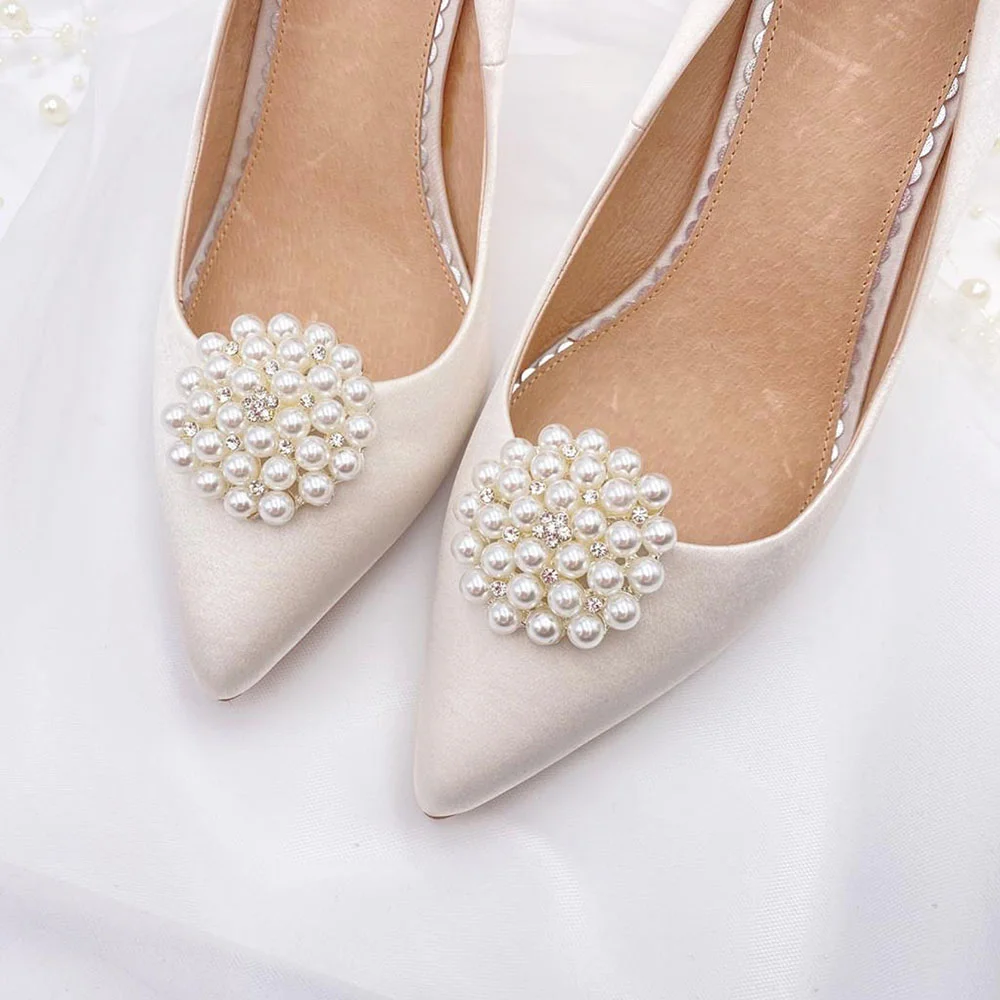 Ivory Satin Pointed Toe Pearl Embellished Kitten Heels Wedding Shoes