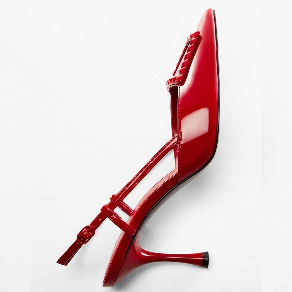 Red Patent Leather Pointed Toe 3'' Stiletto Heel Buckled Slingbacks