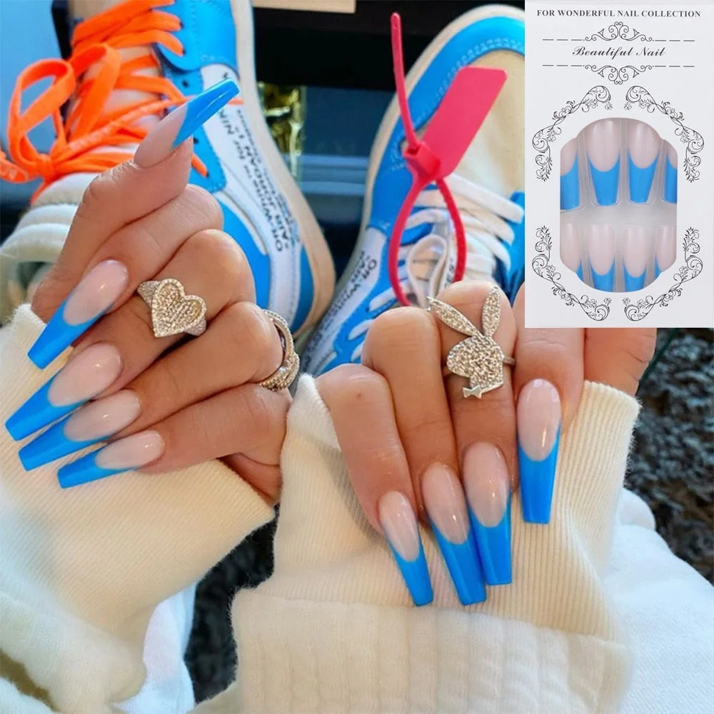 24pcs/set Long Stiletto Fake Nails Punk Snake Pattern Black White Matte ...