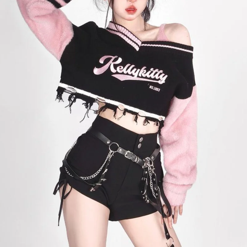Mongw Y2k Goth Off Shoulder Crop Sweater Women Kpop Grunge Gyaru ...