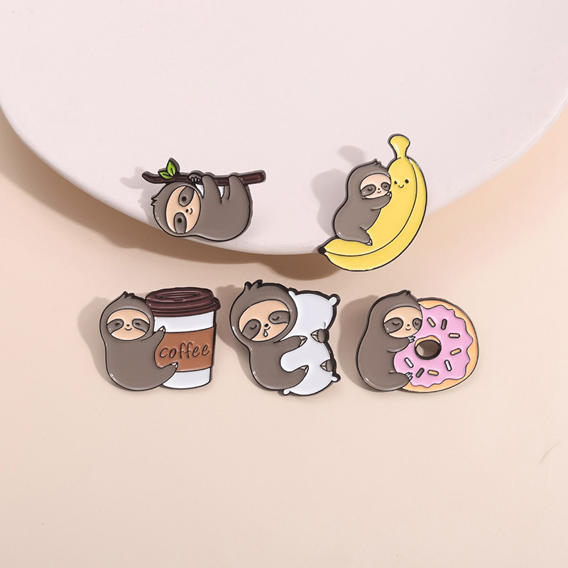 Cute Animal Sloth Enamel Pin Brooch Sloth and Fruit Banana Coffee Donut ...