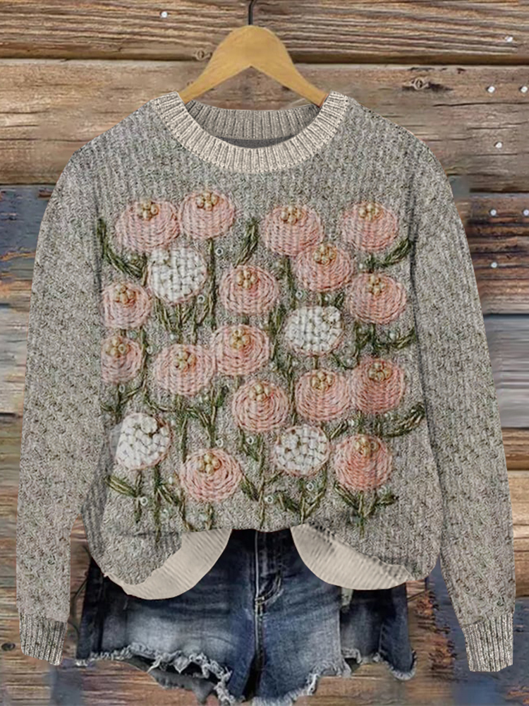 Women's Pink Rose Embroidery Art Casual Sweater
