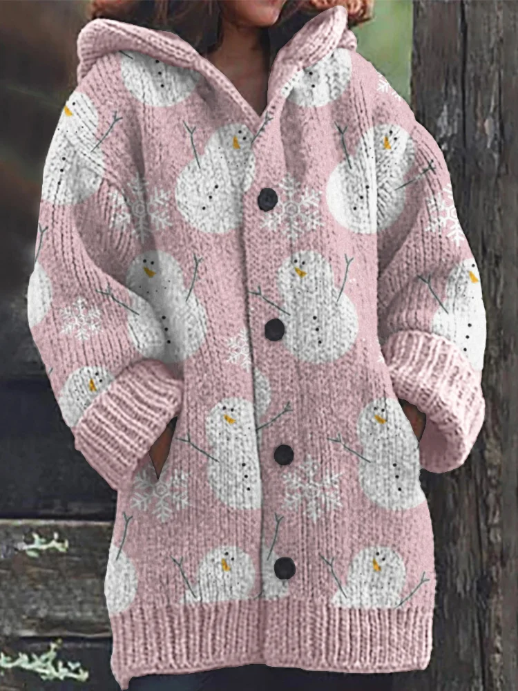 Wearshes Snowman & Snowflake Pattern Cozy Knit Hooded Cardigan