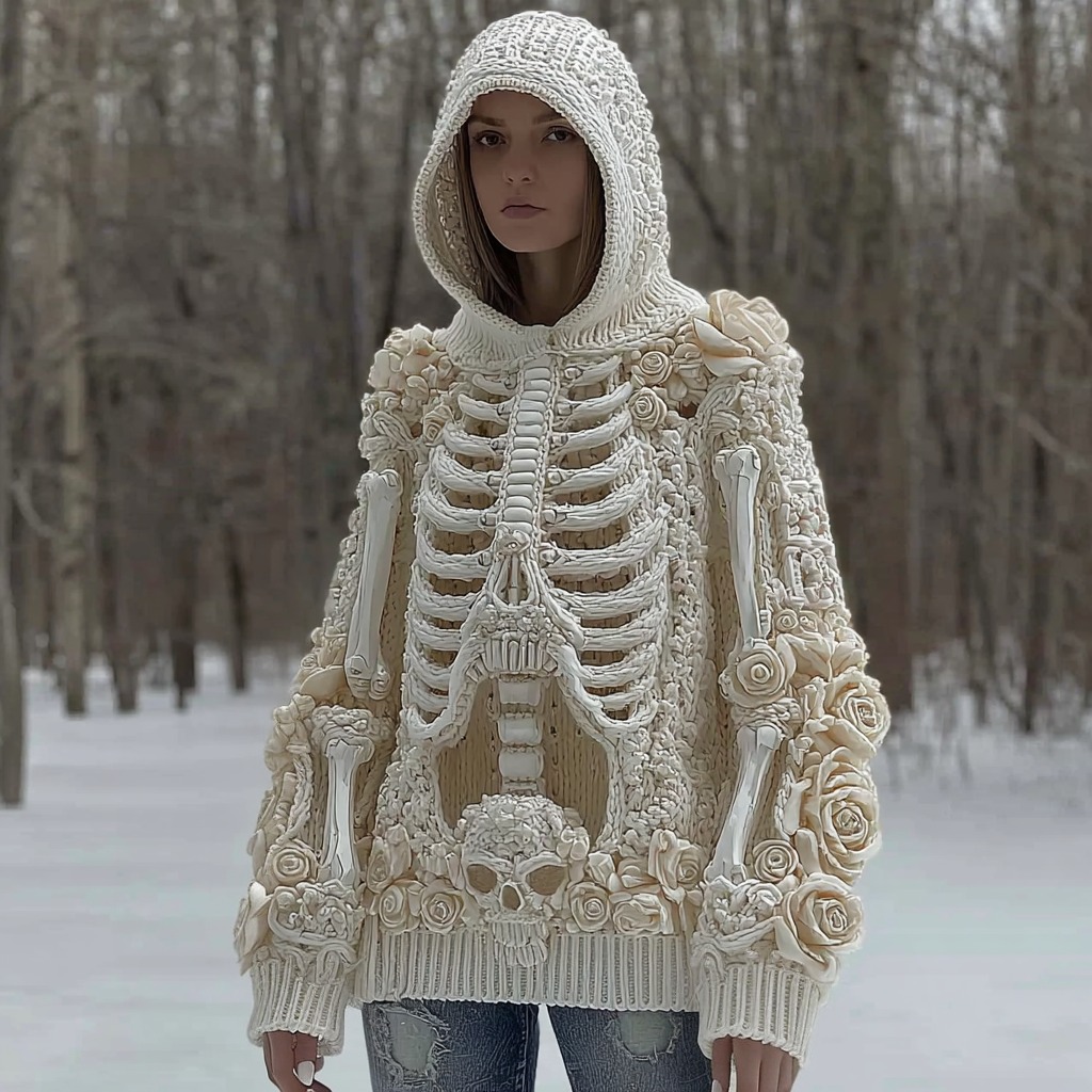 Women's Halloween Skeleton Anatomy Art Knitted Hooded Sweater