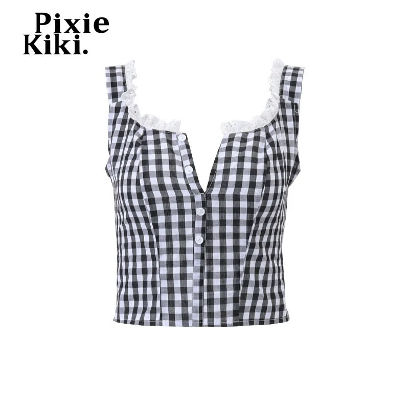 Toloer Gingham Crop Tops Summer Y2k Clothes Women Lace Trim Button Up Square Neck Backless Tank