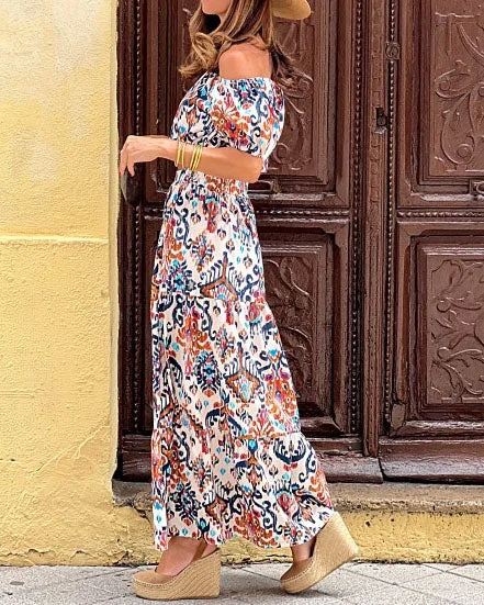 One-shoulder print two-piece set