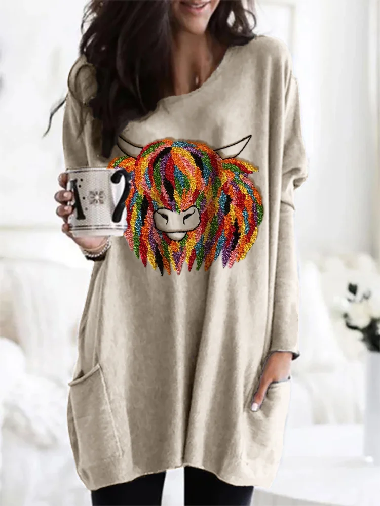 Vercoo Colorful Highland Cow Embroidery Art Cozy Tunic