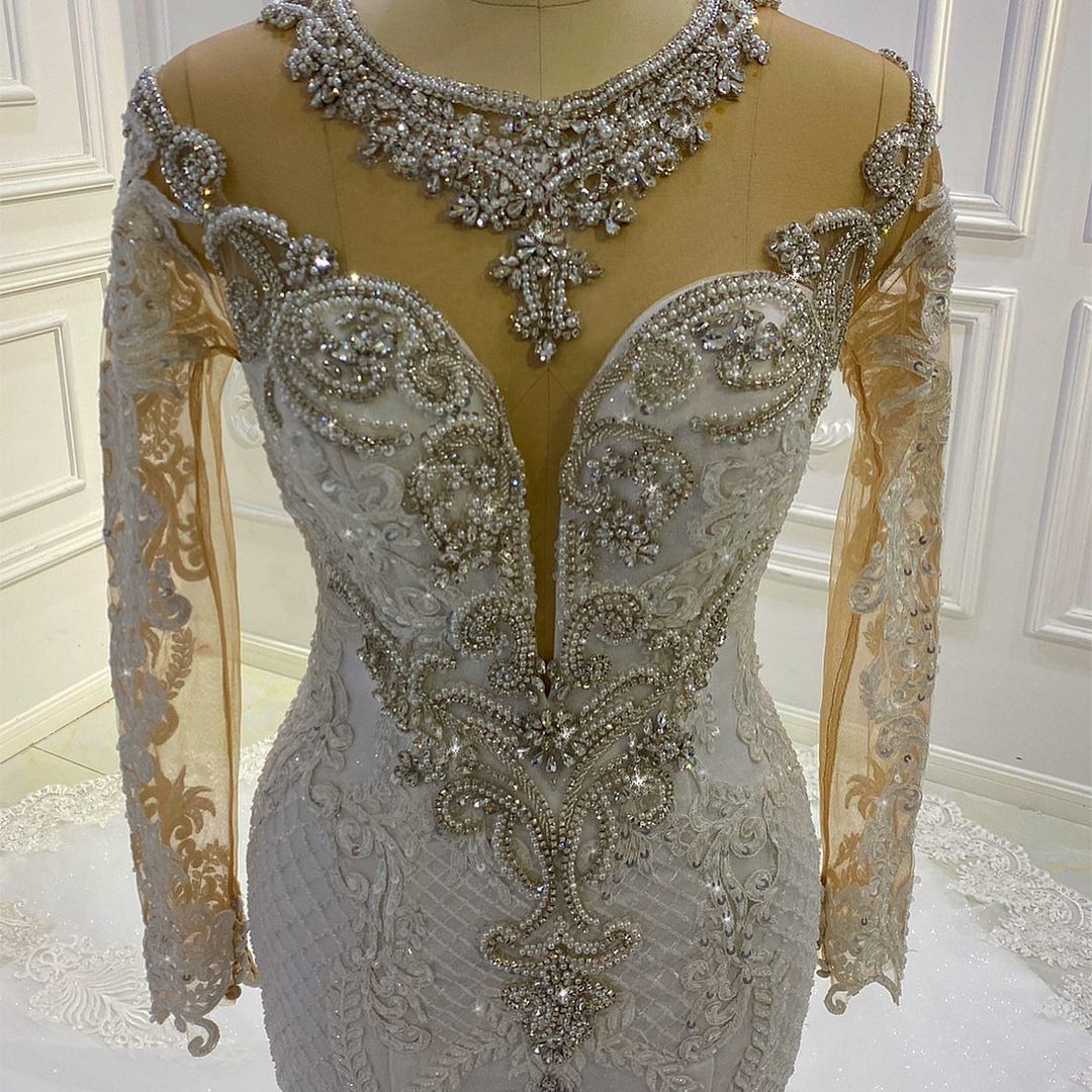 Daisda Vintage Bateau Long Sleeves Pearl Sequins Mermaid Wedding Dress