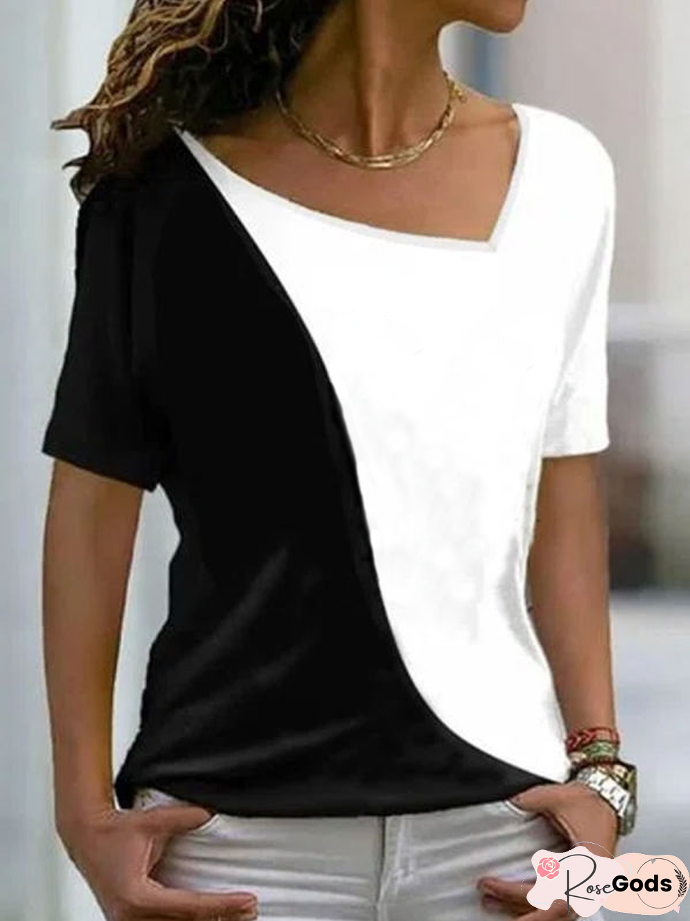 Women Asymmetrical Neck Color Block T Shirts Short Sleeve Tops