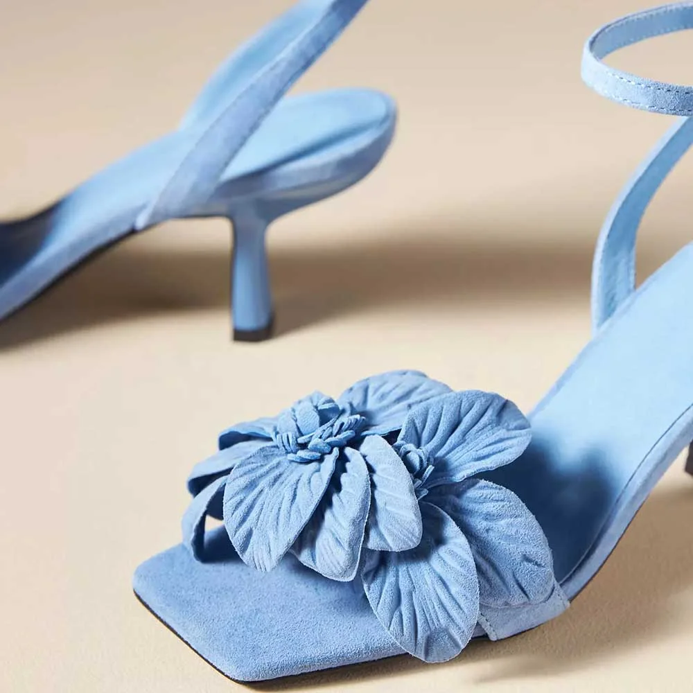 Sky Blue Square Toe Kitten Heel Ankle Strap Floral Sandals