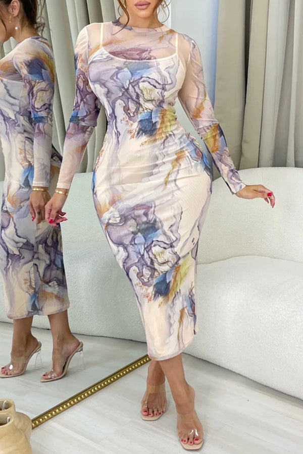 Printed Long-sleeve Sheer Mesh Midi Dress