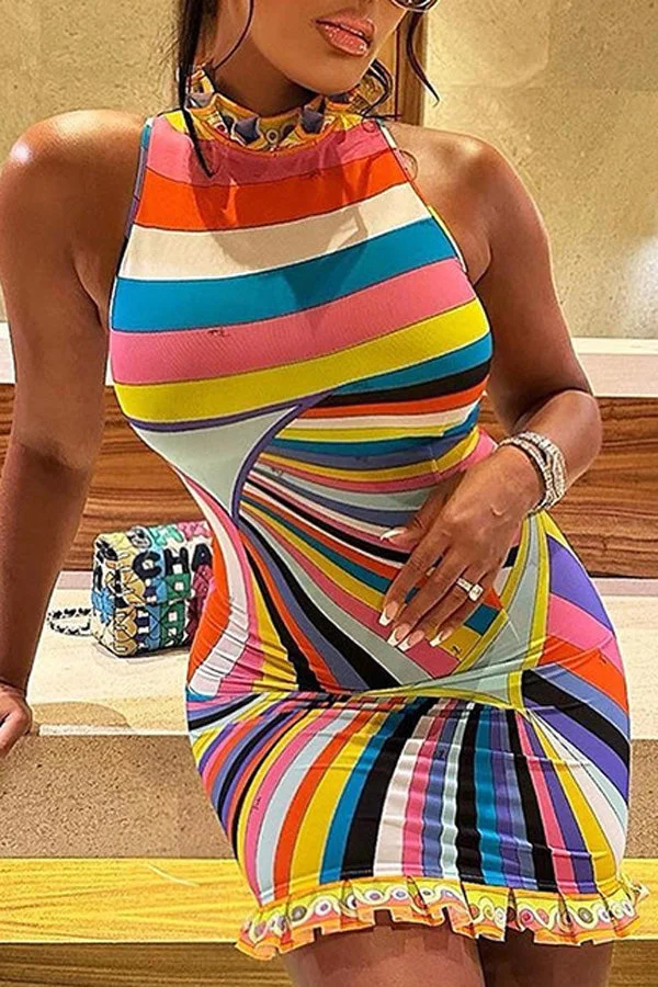 Sleeveless Lace Rainbow Print Fitted Mini Dress