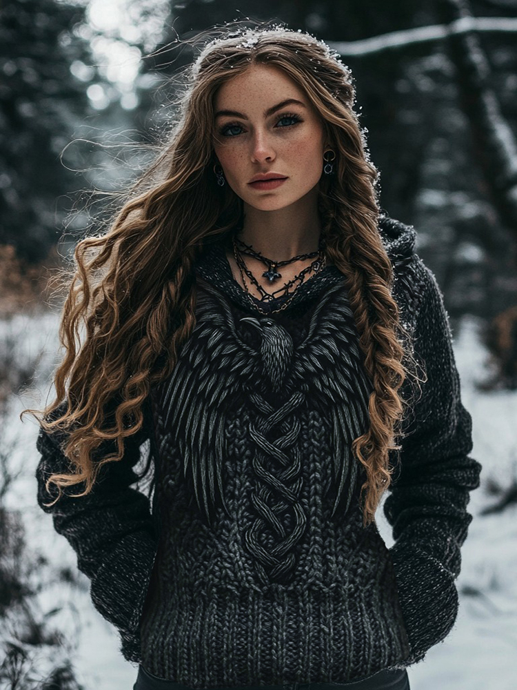 Women's Viking Bird Graphic Chunky Knit Celtic Knot Vintage Pocket ...