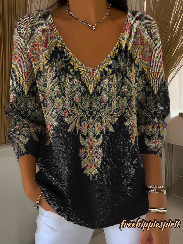 Women's Ethnic Totem Flowers Art Print Casual V Neck Pullover Sweater