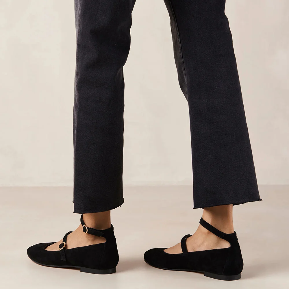 Black Round Toe Flat Buckle Strappy Mary Jane Shoes for Women