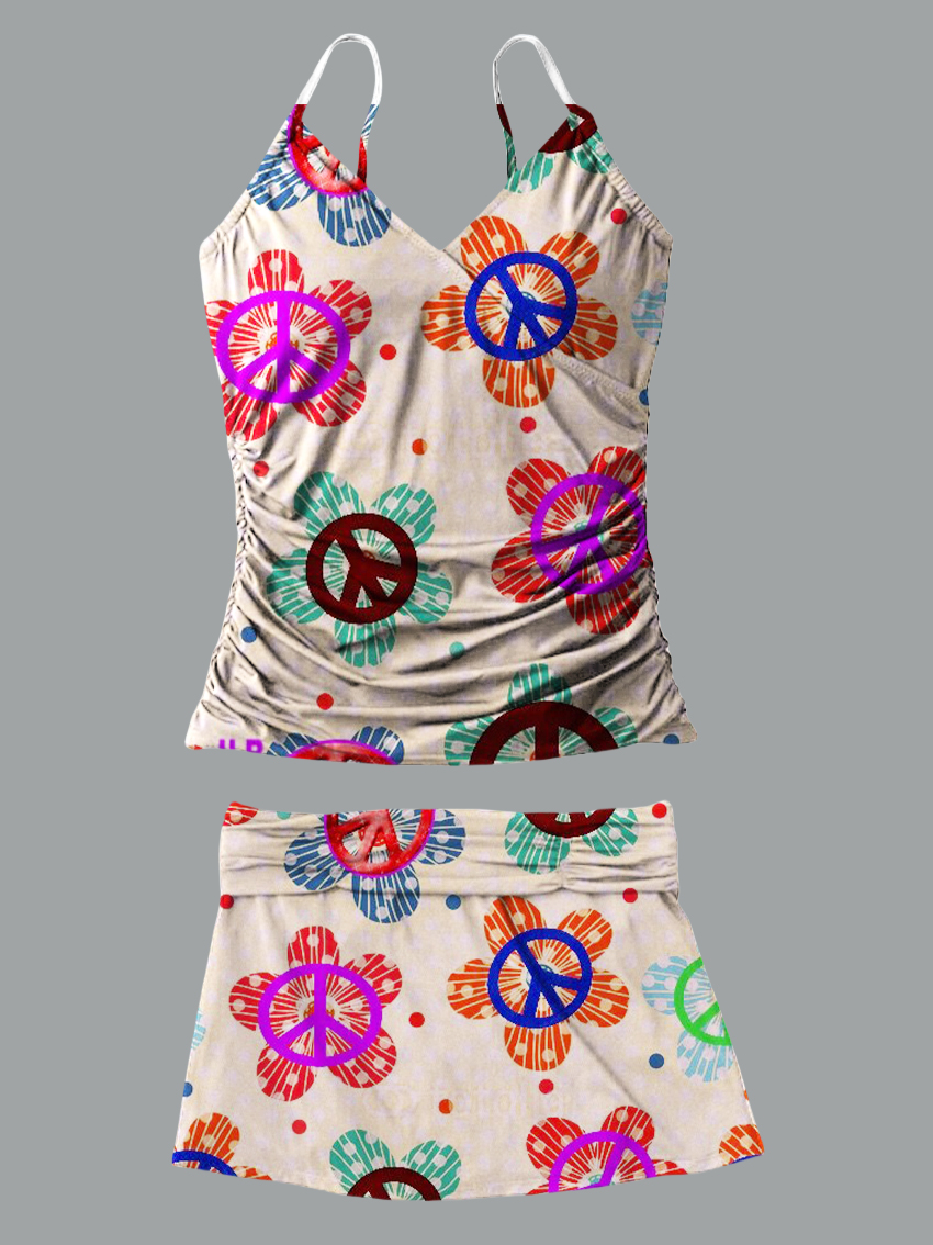 V-Neck Colorful Hippie Flower Print Suspender Skirt Tankini Pantskirt ...