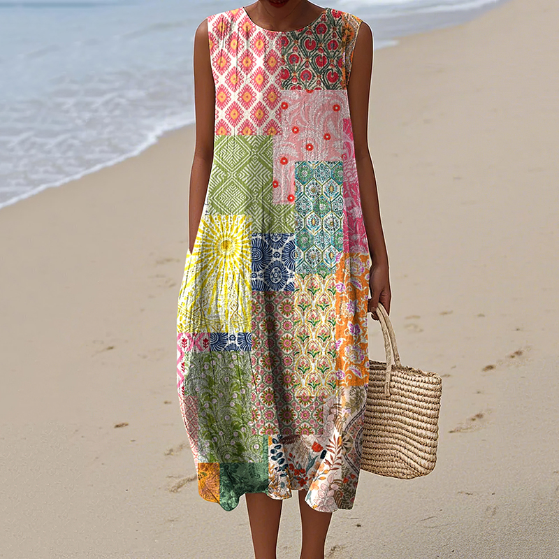 Vintage Loose Vintage Elegant Floral Patchwork Art Linen Tank Dress 27.99