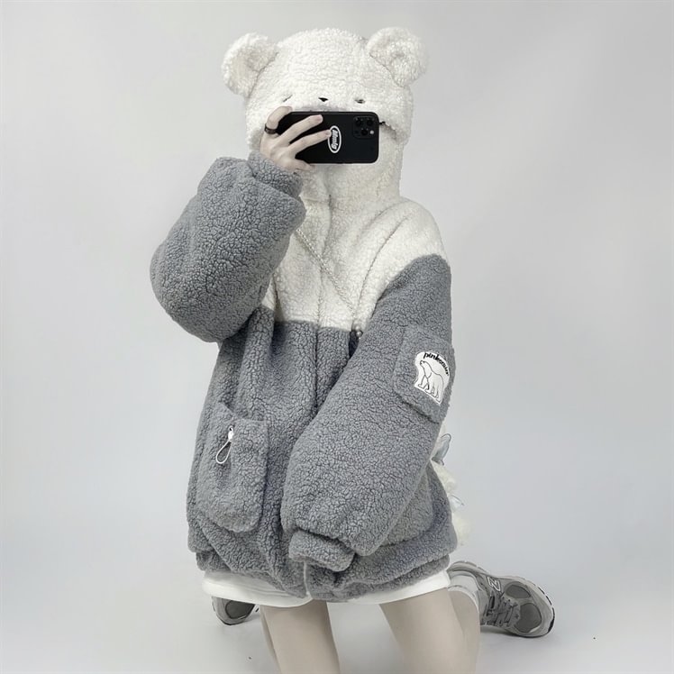 CONTRASTING LAMBSWOOL ZIPPER HOODED BEAR JACKET