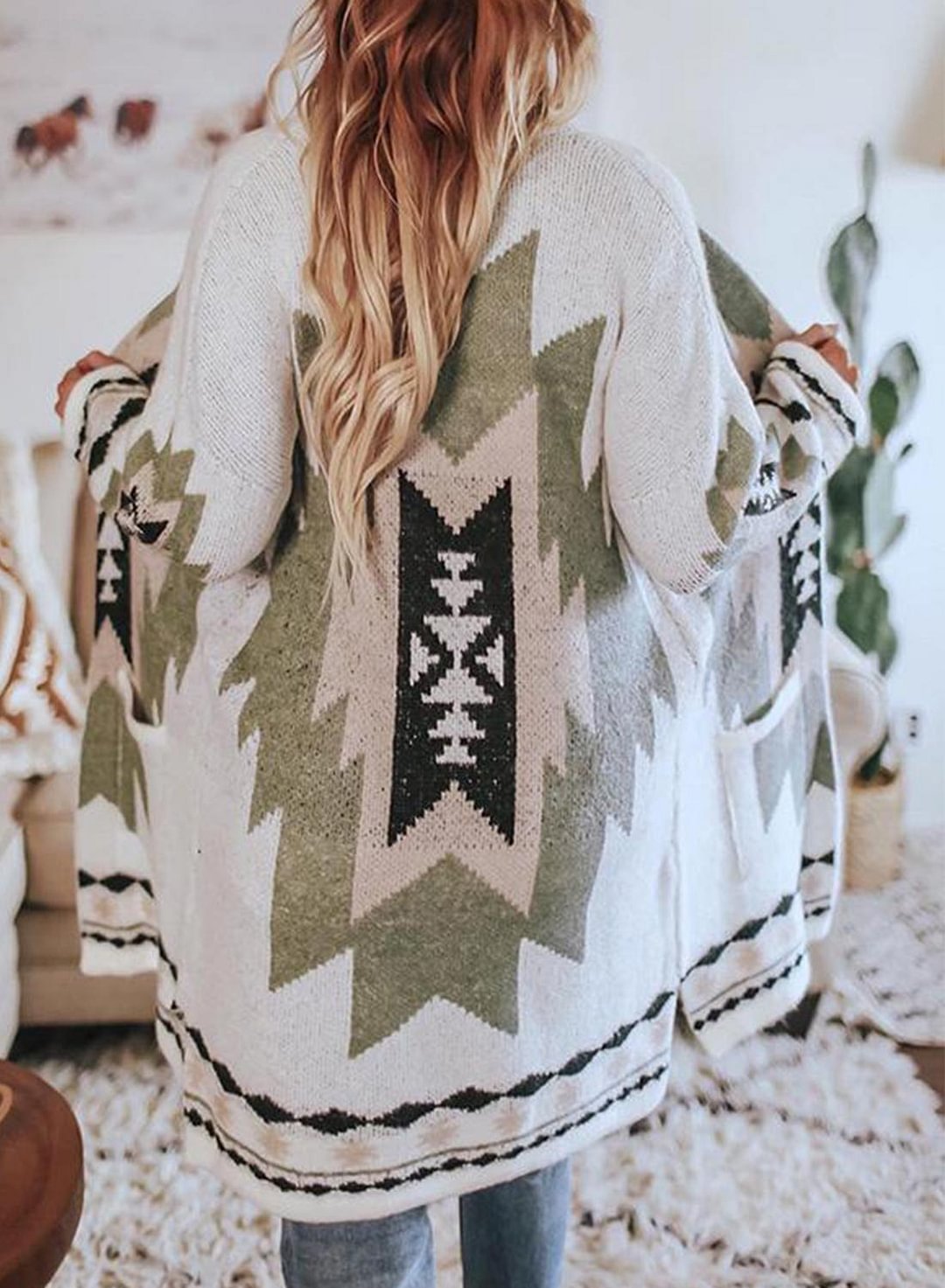 Women Aztec Cardigan Sweater Long Open Front Maxi Knit Sweaters Aztec