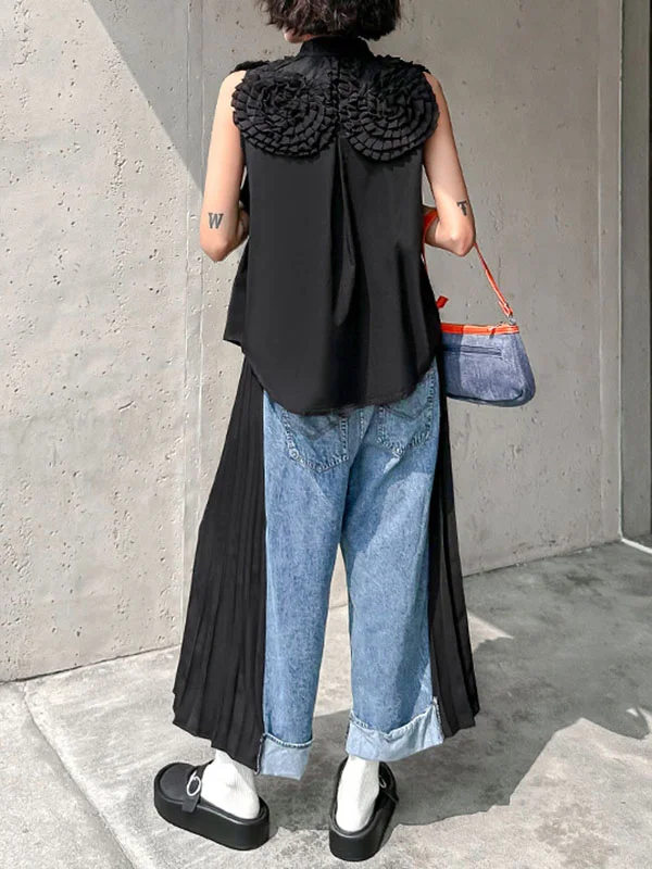 Stylish Contrast Color Pleated Split-Joint Wide Leg Jeans