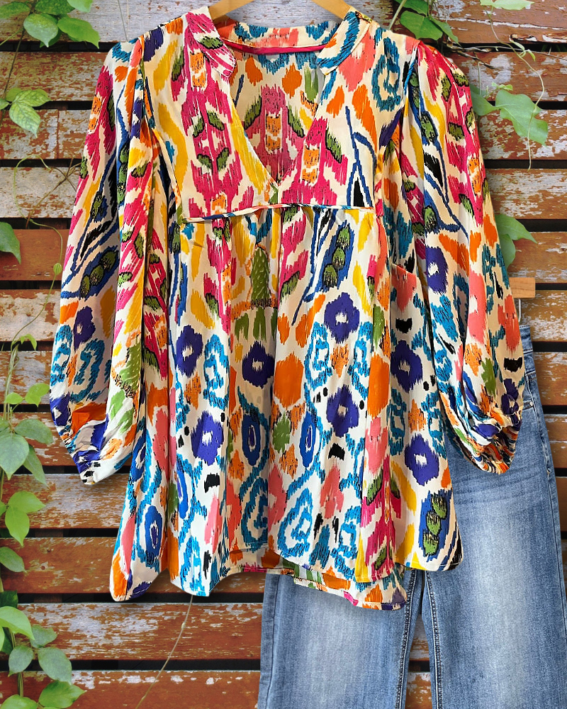 Abstract Print Colorful Puff Sleeve Blouse