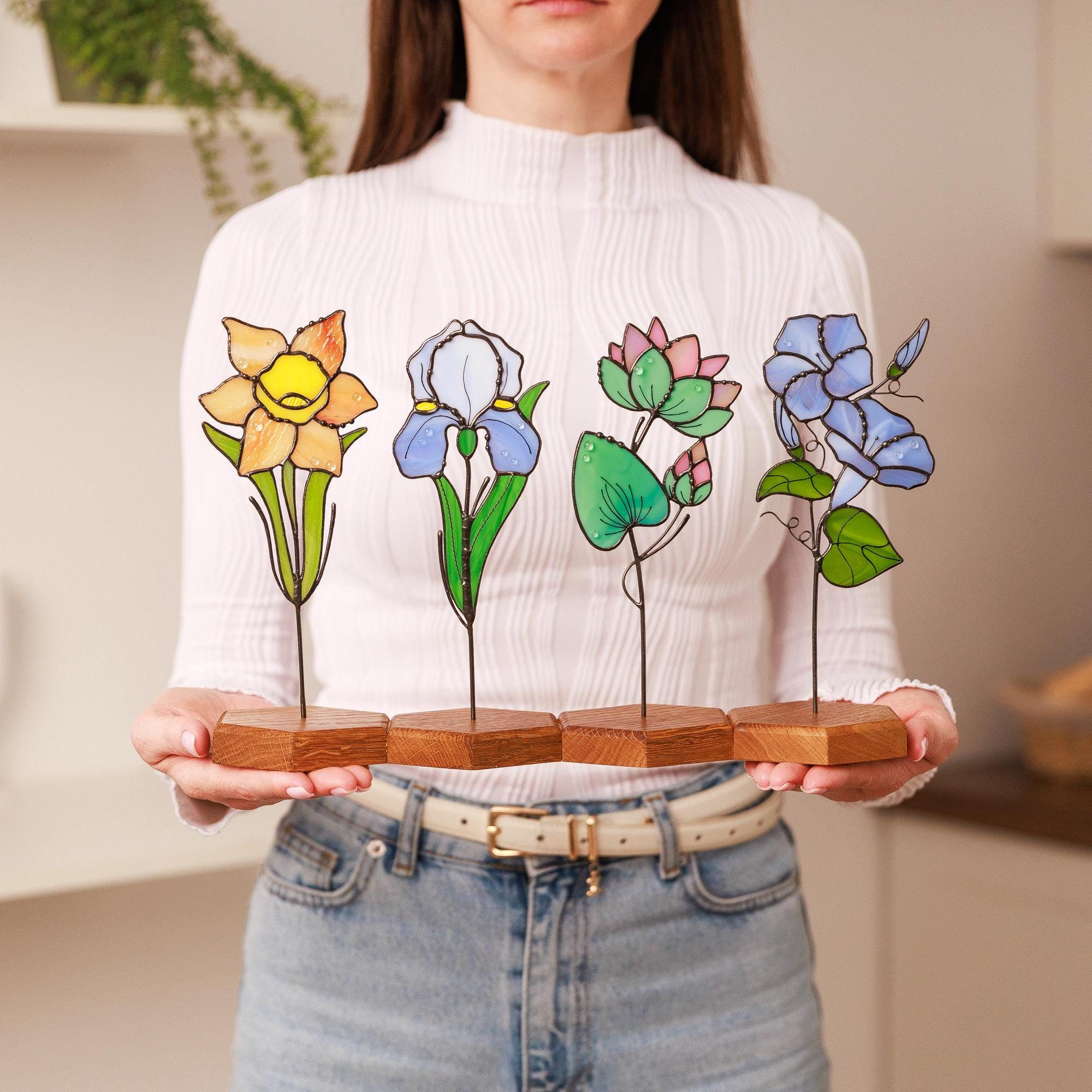 Stained Glass Flower Birth Flower Gift Set for Mother