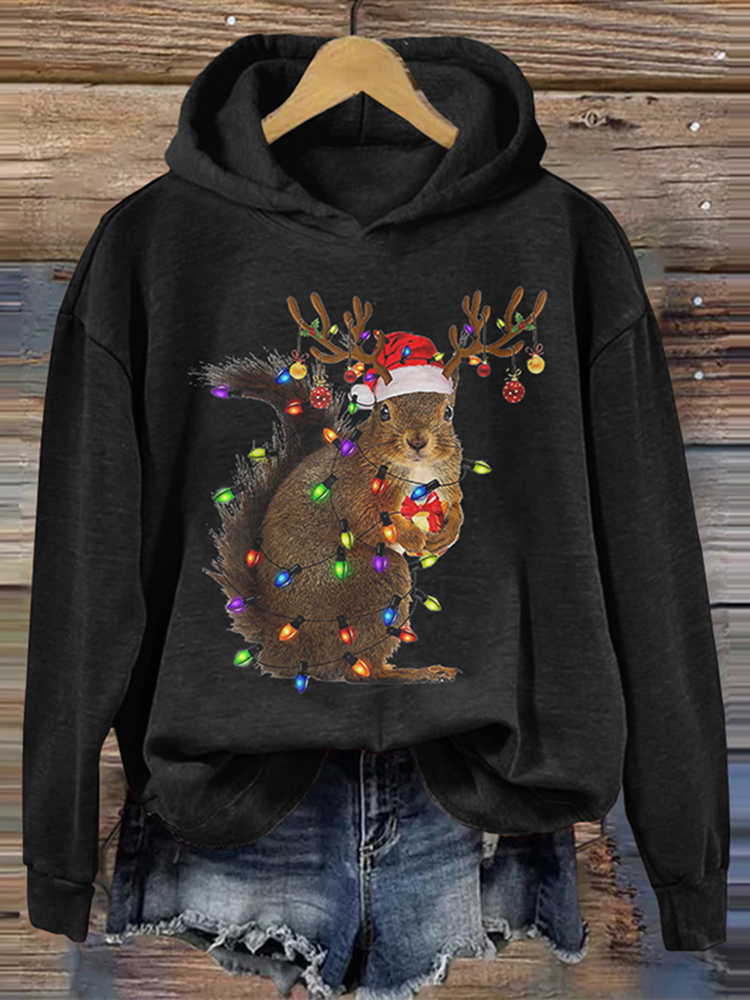 Comstylish Christmas Squirrel Lights Print Hoodie