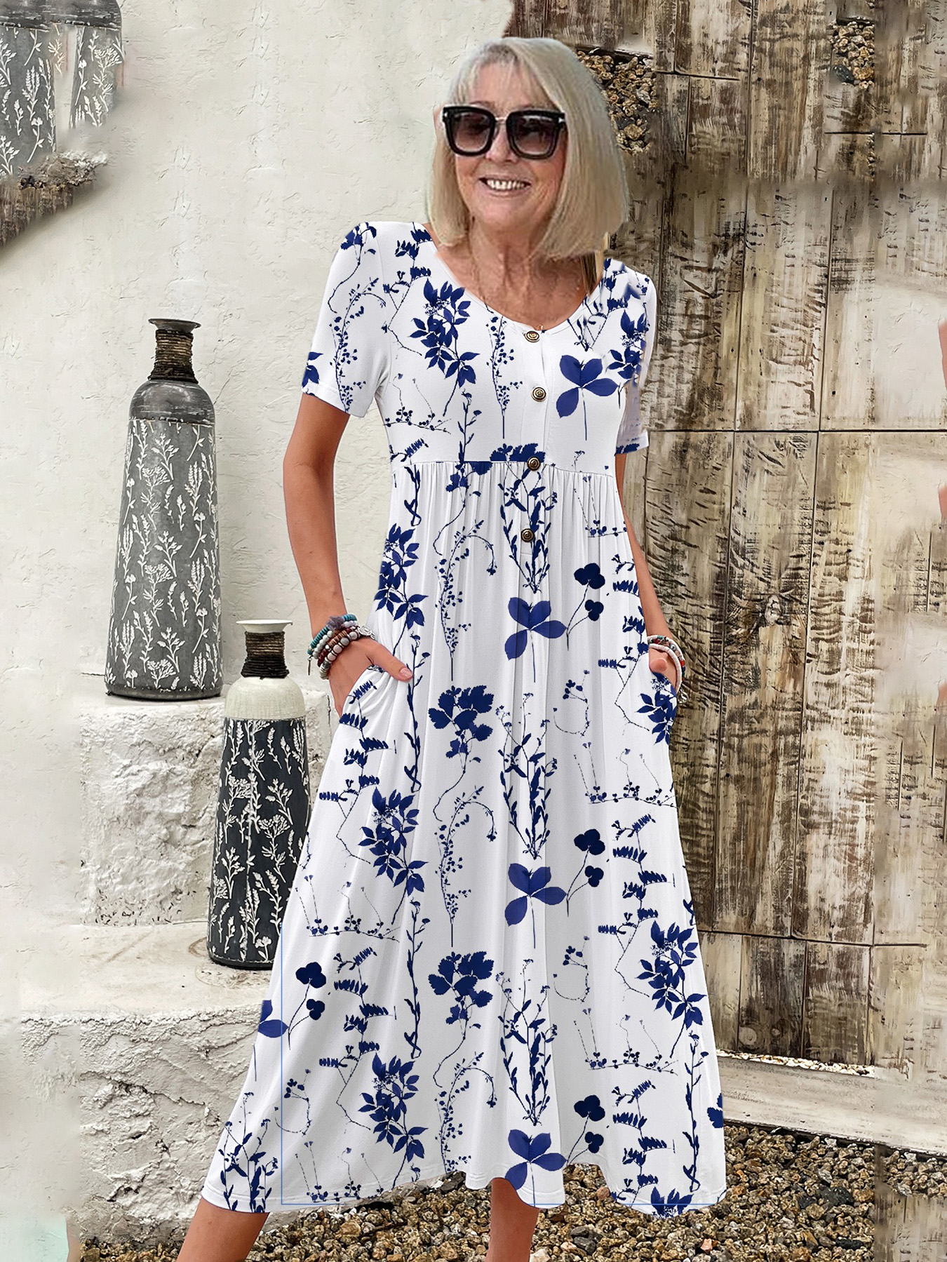 Women Floral Crew Neck Short Sleeve Comfy Casual Buckle Maxi Dress