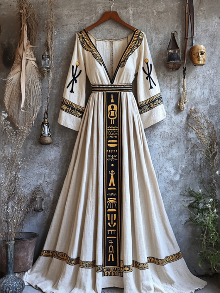 Vintage Ankh Ancient Egyptian Embroidered Art Linen V Neck Maxi Dress